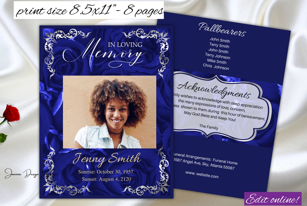 Blue Roses Funeral Obituary Program 8.5x11 Blue Flowers Luxury Obituary ...