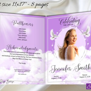 Purple Sky Silver Funeral Program Obituary 11x17 Clouds Dove Funeral ...
