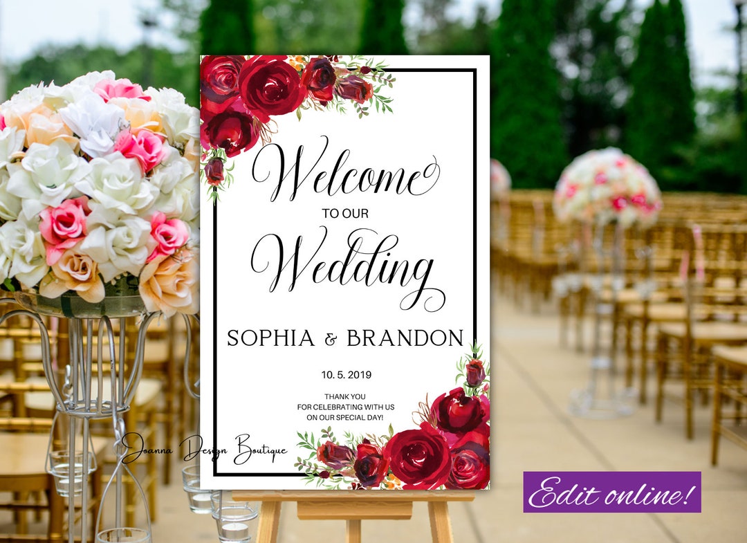Red Roses Wedding Welcome Sign Printable Red Flowers Welcome - Etsy