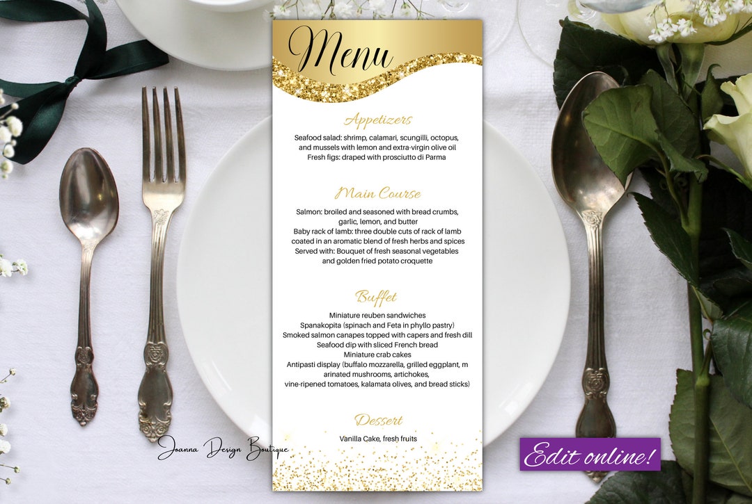 Gold Menu Card Template Gold Glitter Menu Wedding Gold Glamour Menu ...