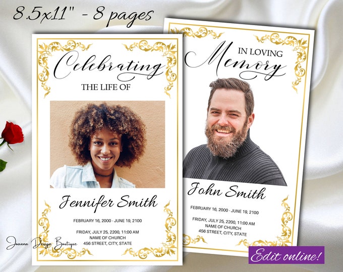 8 Page Gold Funeral Program Template in Tabloid Size 11x17, Celebration ...