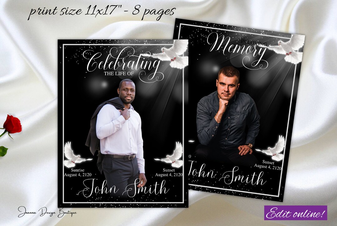 Black Silver Obituary Funeral Program 11x17 8 Pages Male Men's Dove ...