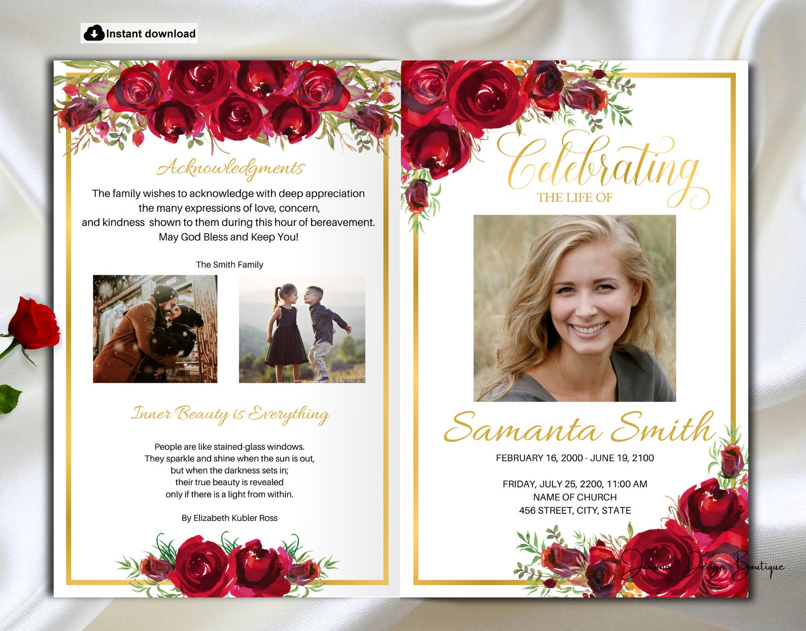 Red Roses Obituary Template Red Roses Funeral Program Funeral Program ...