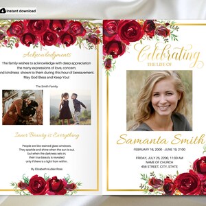 Red Roses Obituary Template Red Roses Funeral Program Funeral Program ...