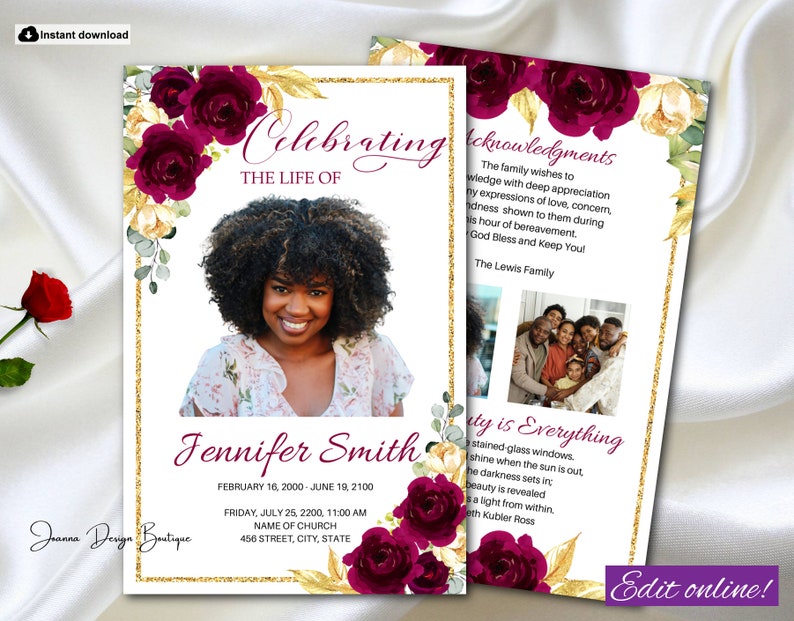 Red roses Funeral Program template for Women Burgundy Roses - Etsy México