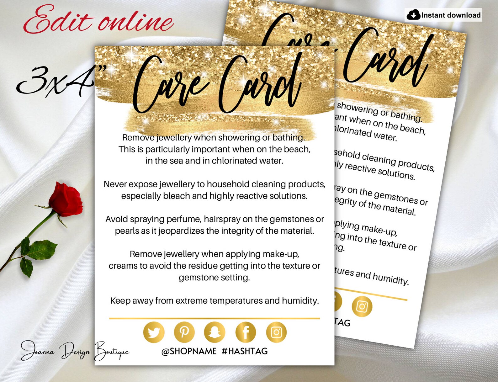 Gold Care Card Template Editable Care Instruction Gold Glitter - Etsy