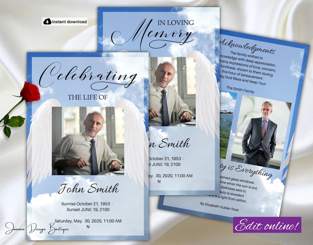 Angel Wings Funeral Program Template Blue Sky Funeral Program for Man ...
