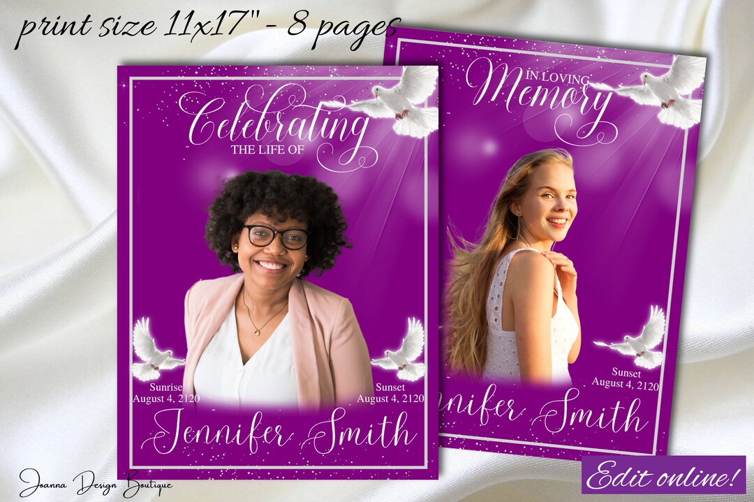 Purple Silver Obituary Funeral Program 8 Pages Dove Silver Heaven ...