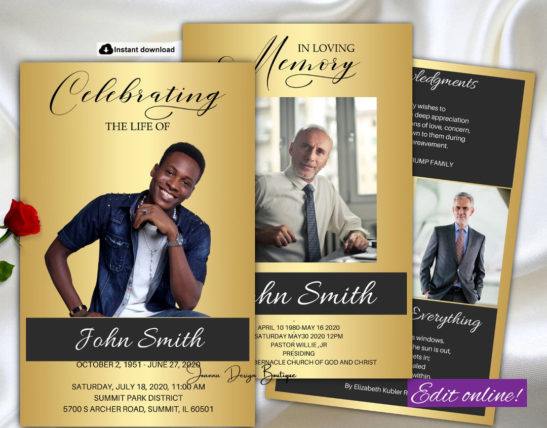 Funeral Program Template Gold Funeral Program for Man Men Gold Memorial ...