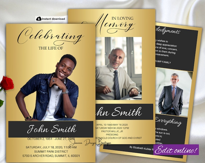 Gold Funeral Program Template for Man, Masculine Memorial Program ...