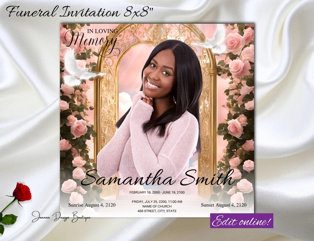 Pink Roses Funeral Announcement Invitation Memorial Invite Heavens Gate ...