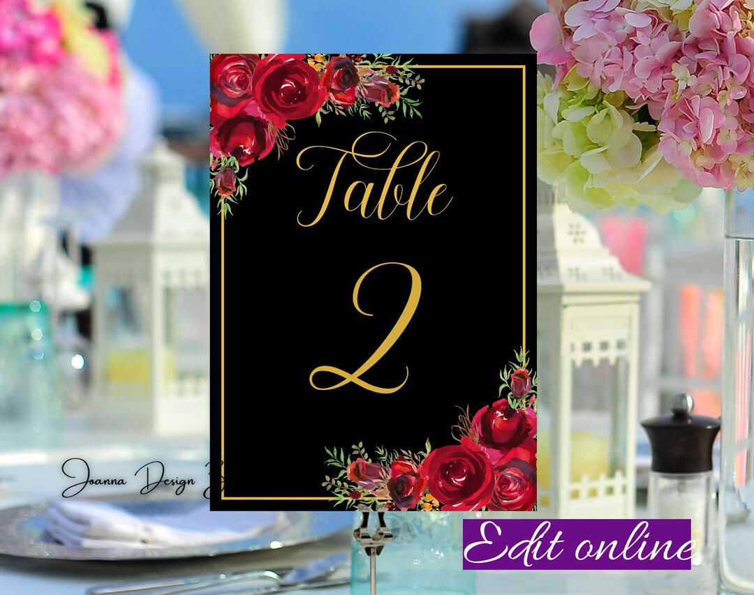 Red Roses Black Table Numbers Printable Red Flowers Gold Table Numbers ...