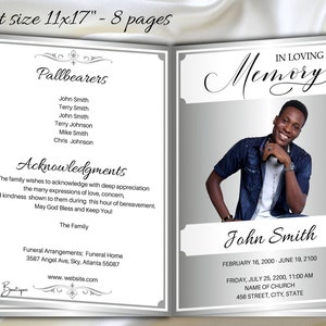 White Silver Funeral Program Template 11x17" 8 Pages Male Man Grey ...