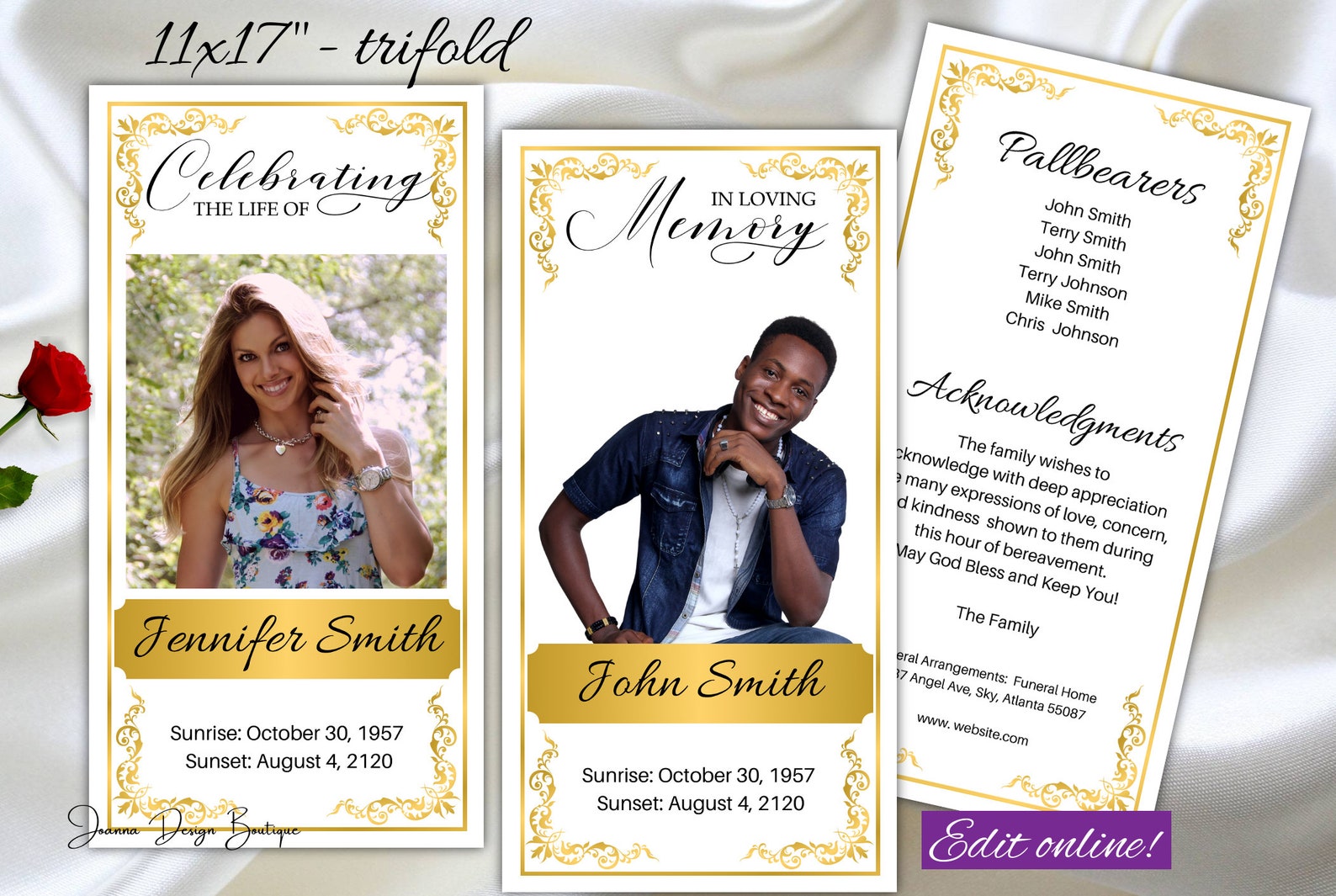 White Gold Funeral Program Template Trifold Gold Memorial - Etsy