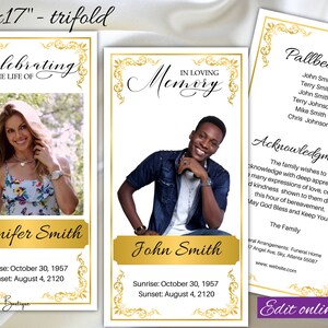 White Gold Funeral Program Template Trifold Gold Memorial Service ...