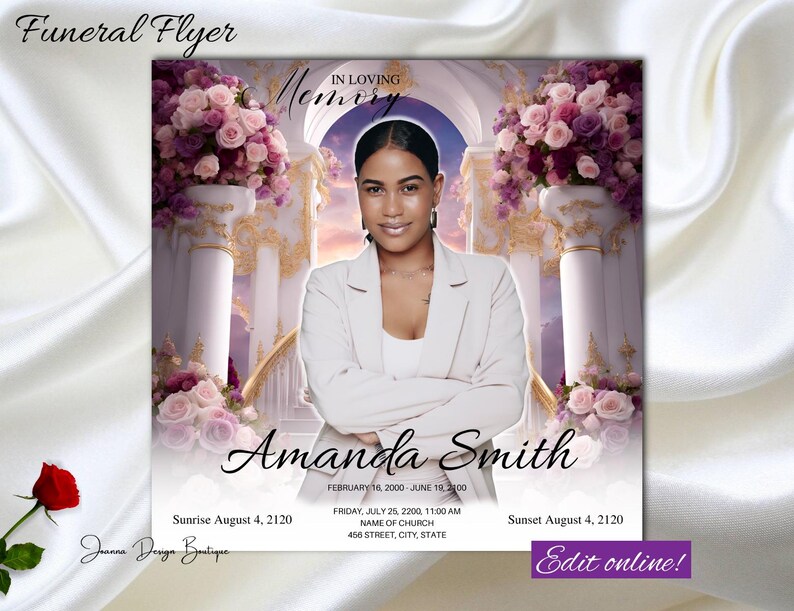 Purple Roses Funeral Flyer Announcement Memorial Invitation Pink Roses ...