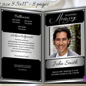 Black Silver Obituary Program Template 8 Pages Silver Funeral Program ...