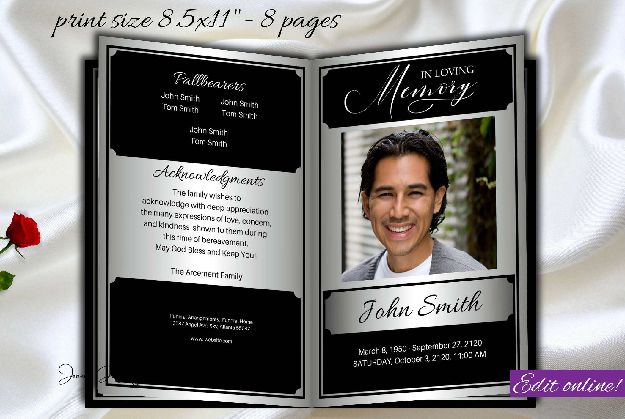 Black Silver Obituary Program Template 8 Pages Silver Funeral Program ...