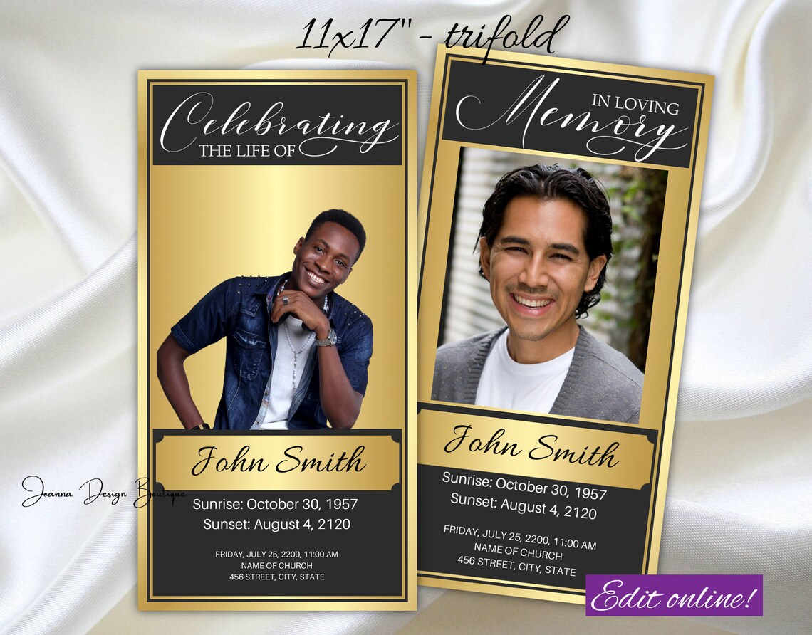Gold Funeral Program Template Trifold Gold Black Memorial | Etsy