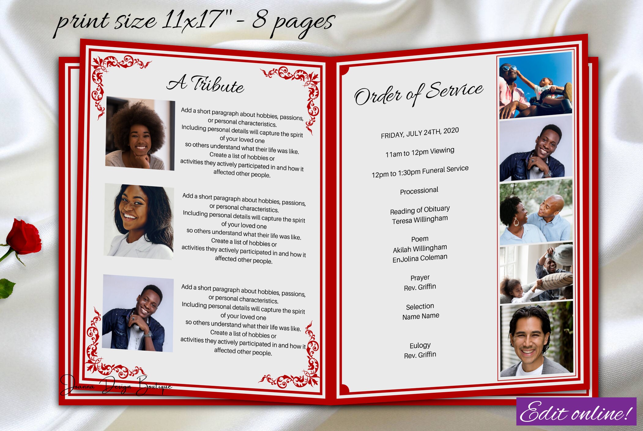 Red Gray Obituary Funeral Program Template 11x17 Red Memorial Service ...