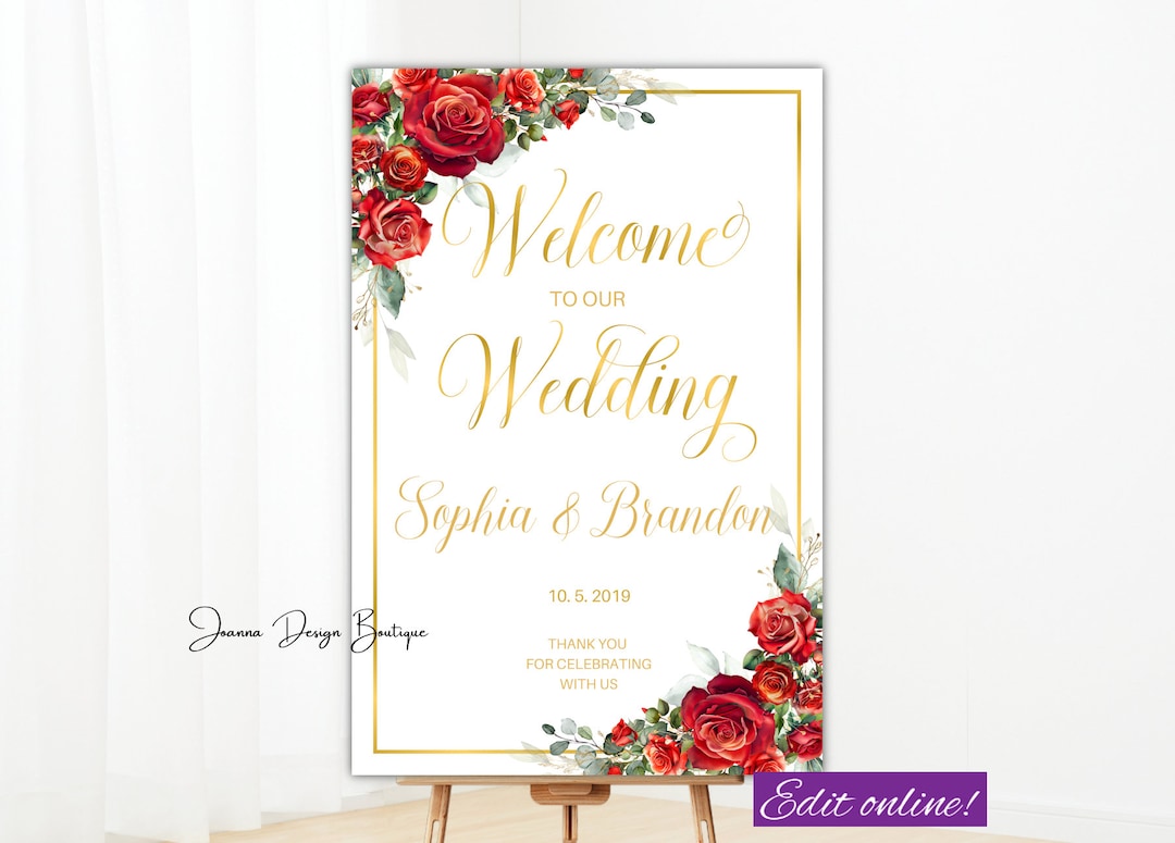 Red Roses Wedding Welcome Sign Red Flowers Gold Welcome Sign Wedding ...