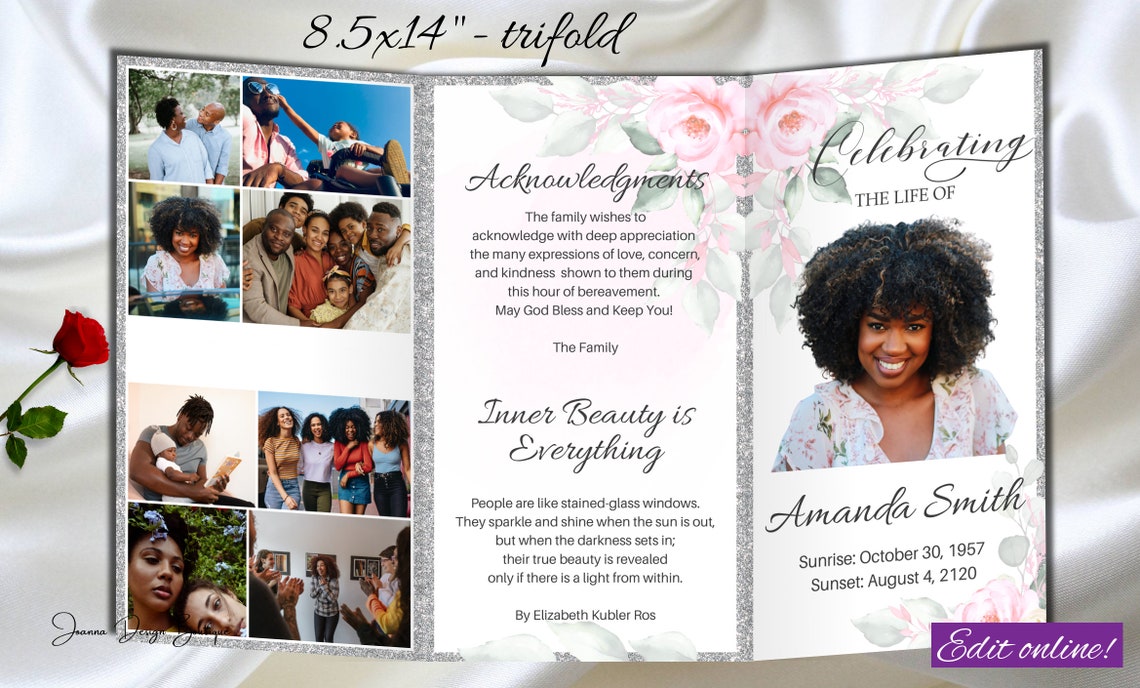 Roses Funeral Program Template for Women Funeral Program Trifold Floral ...