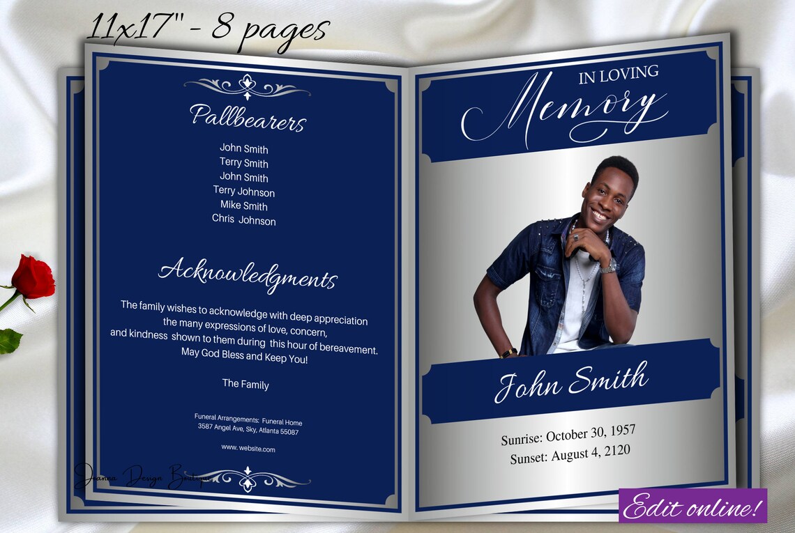 Blue Silver Funeral Program Template 11x17" 8 Pages Blue Obituary Man ...
