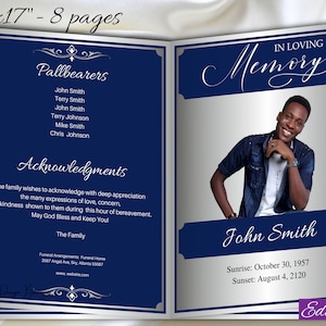 Blue Silver Funeral Program Template 11x17" 8 Pages Blue Obituary Man ...