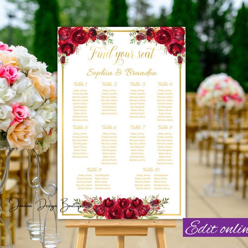 Red Roses Seating Chart Template Red Flowers Wedding Seating - Etsy