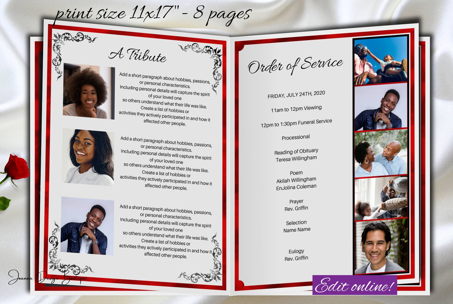 Red Black Funeral Program Template 11x17 8 Pages for Men - Etsy