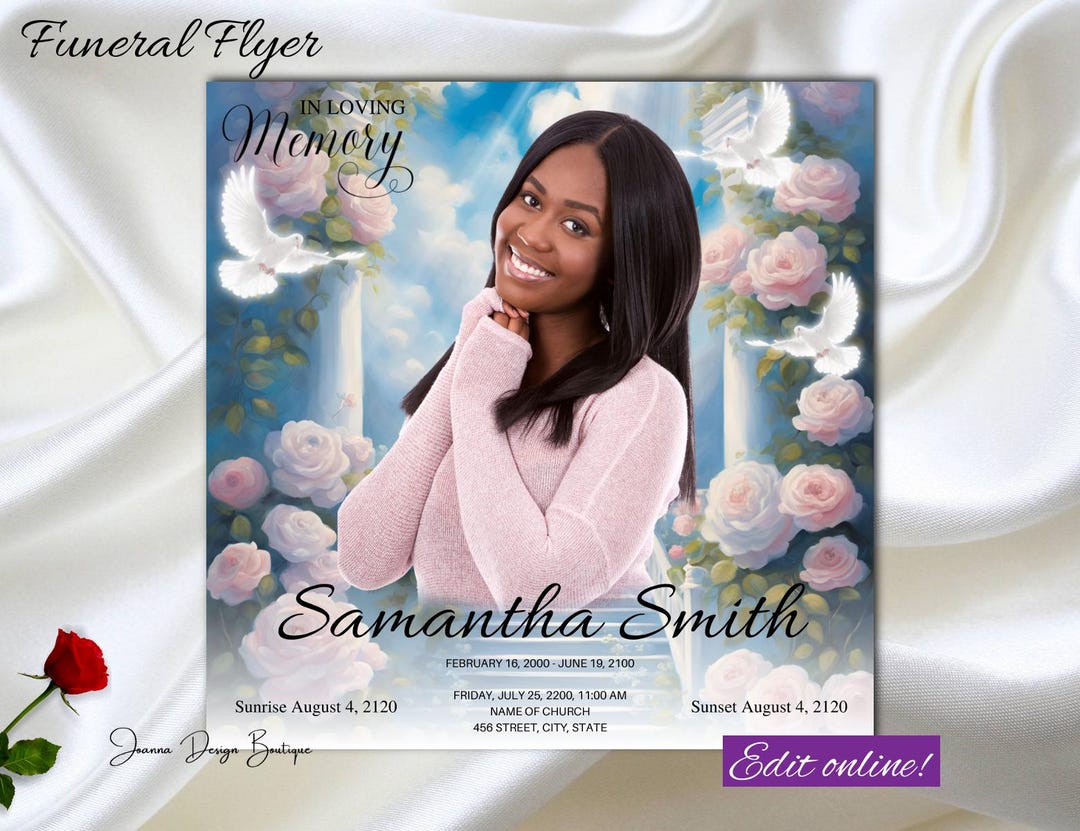 Pink Roses Funeral Flyer Announcement Memorial Invitation Flyer Heavens ...