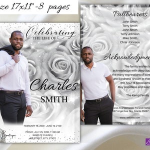 Silver Obituary Funeral Program 11x17 8 Pages Male Silver Roses ...