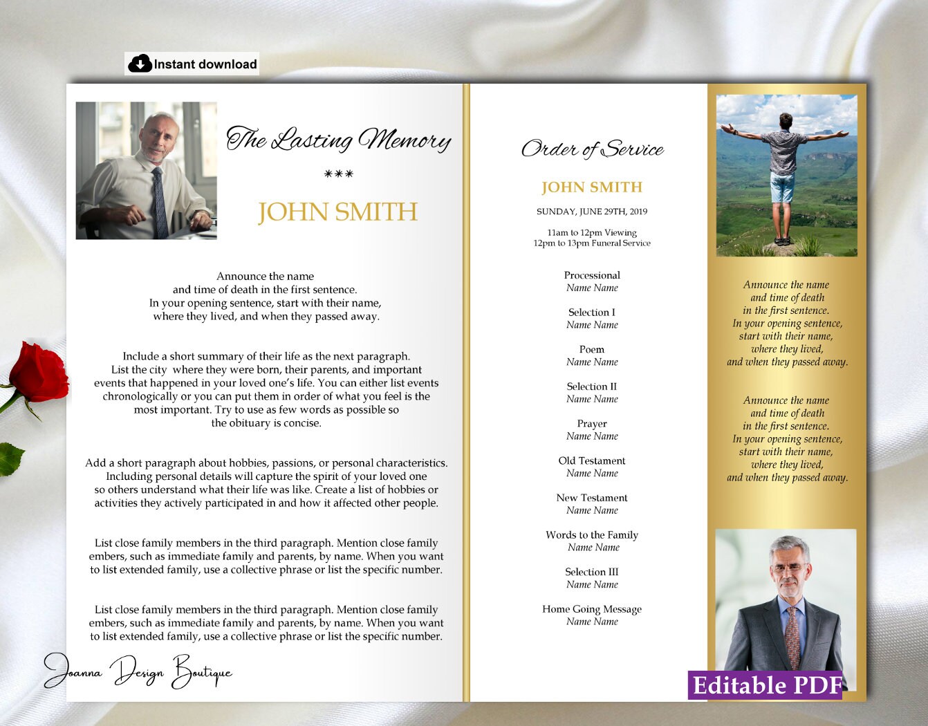 Gold Funeral Program 8 Pages Black Gold Obituary Template for - Etsy