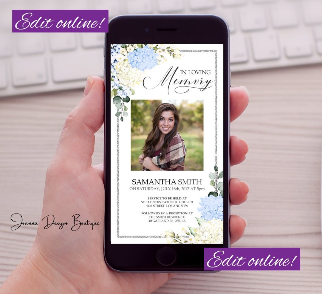 Hydrangeas Electronic Funeral Announcement Invitation Funeral Memorial ...