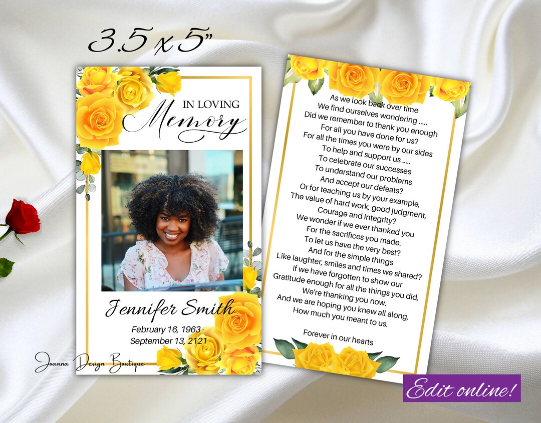 Yellow Roses Prayer Card Template Yellow Roses Memorial Card Memorial ...