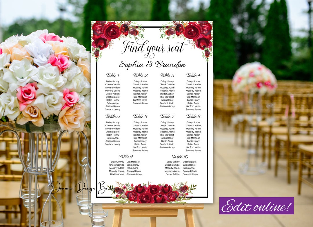 Red Roses Seating Chart Template Red Flowers Wedding Seating Chart Red ...