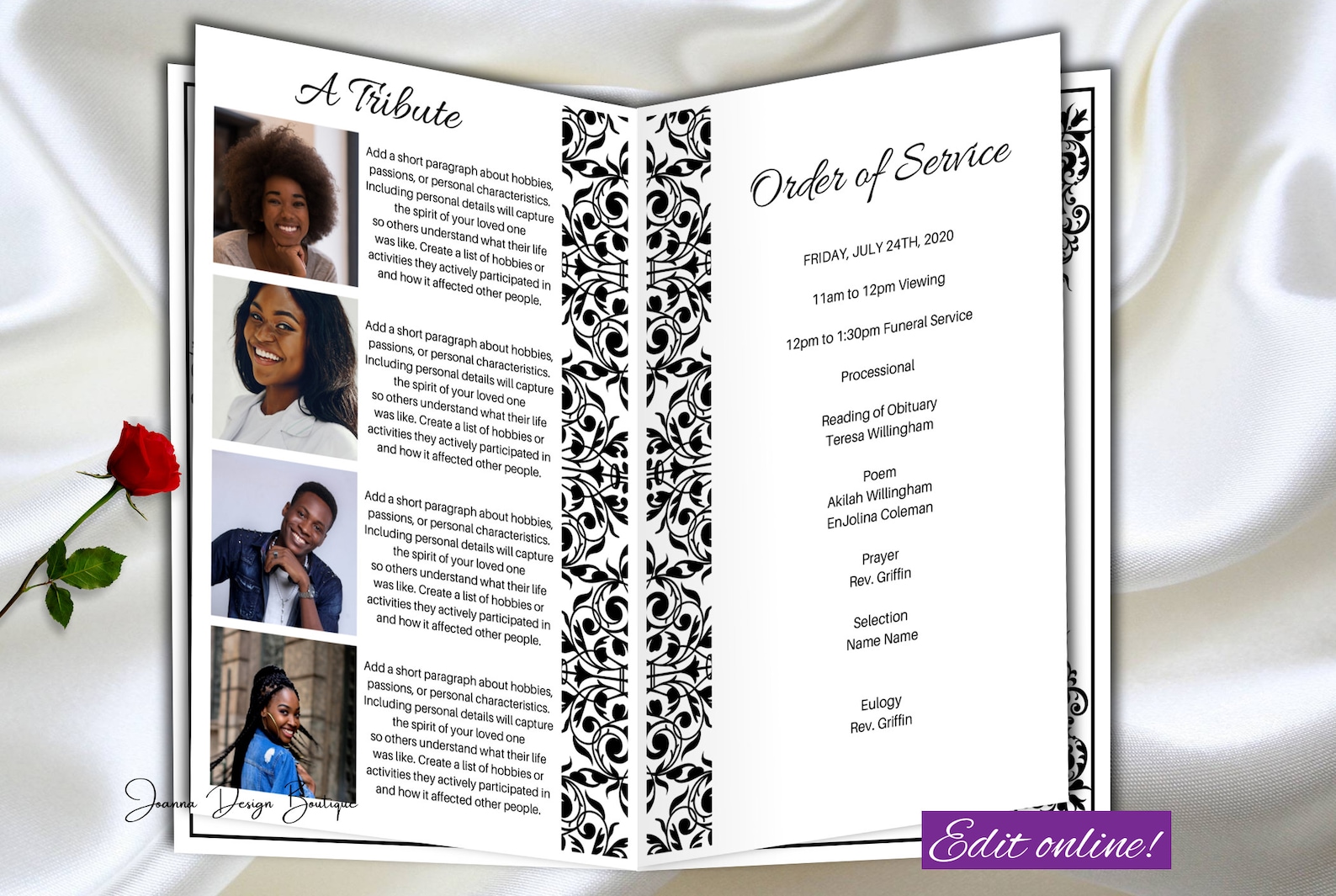 White Black Funeral Program Template Royal Funeral Program for Women ...