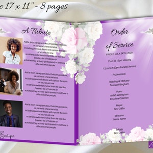 Purple White Roses Funeral Program 11x17 Purple Obituary Funeral ...