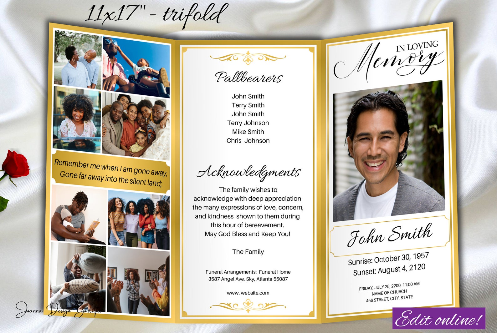 White Gold Funeral Program Template Trifold Gold Memorial Service ...