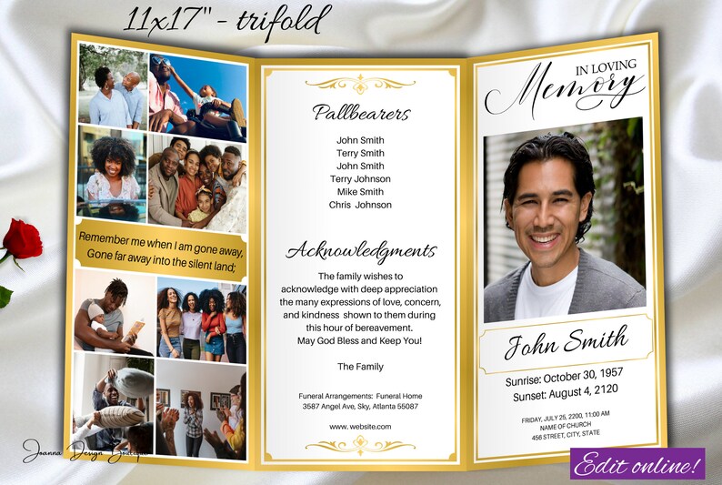 White Gold Funeral Program Template Trifold Gold Memorial | Etsy