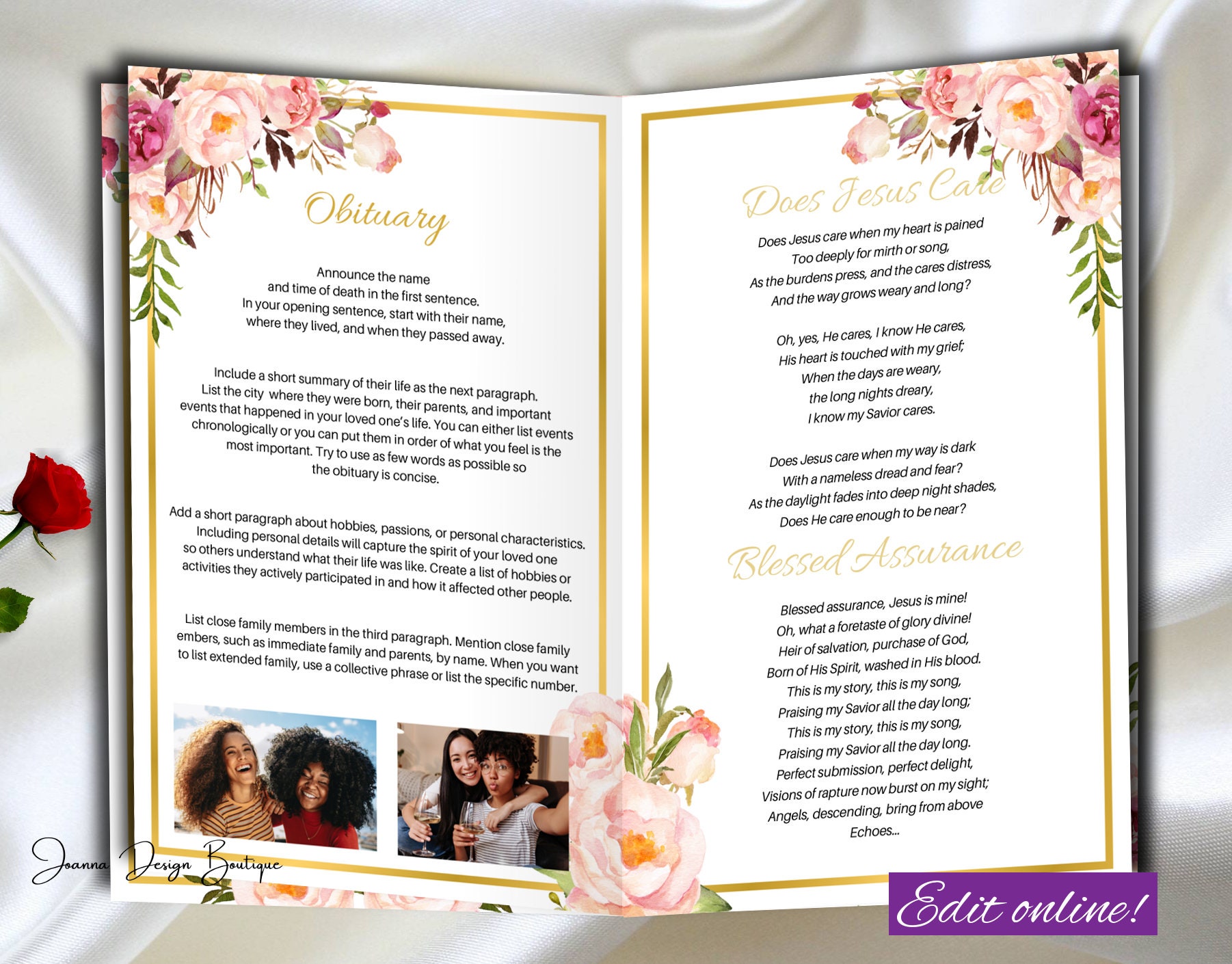 Blush Flowers Funeral Program Roses Memorial Service Program | Etsy