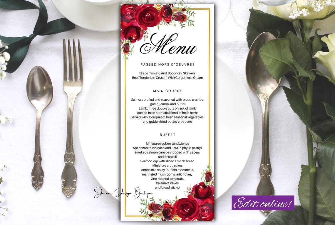 Red Roses Menu Cards Template Red Flowers Menu Card Floral Red Menu ...