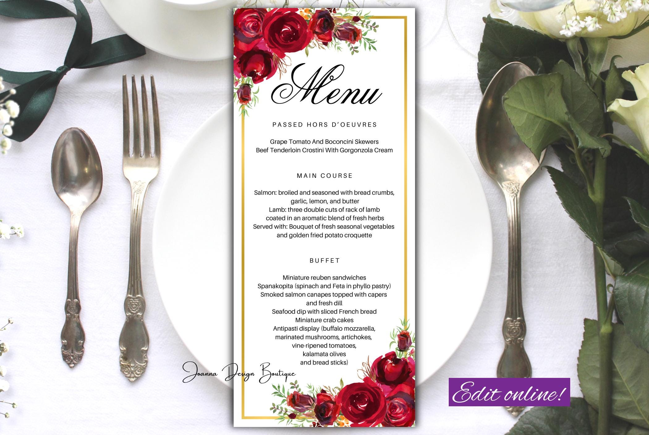 Red Roses Menu Cards Template Red Flowers Menu Card Floral Red Menu ...