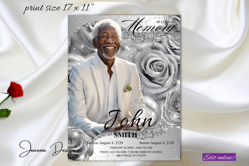 Silver Obituary Funeral Program Male Silver Roses Diamond Obituary ...