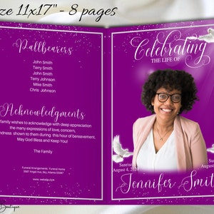 Purple Silver Obituary Funeral Program 8 Pages Dove Silver Heaven ...
