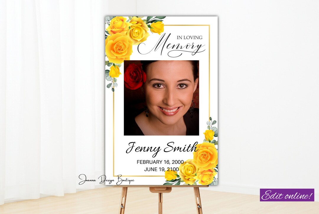 Yellow Roses Memorial Sign Yellow Flowers Funeral Welcome Sign Poster ...