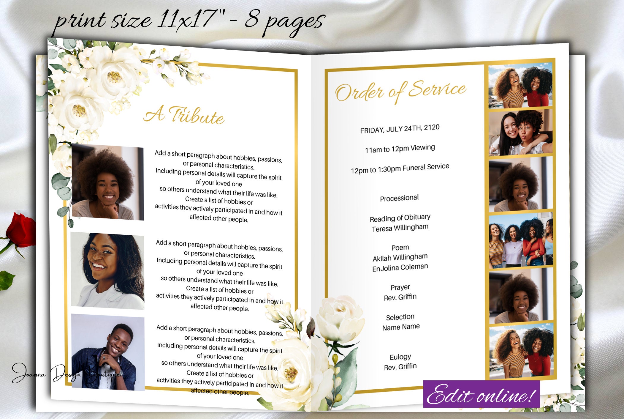White Roses Funeral Program White Roses Obituary 8 Pages Template Roses ...