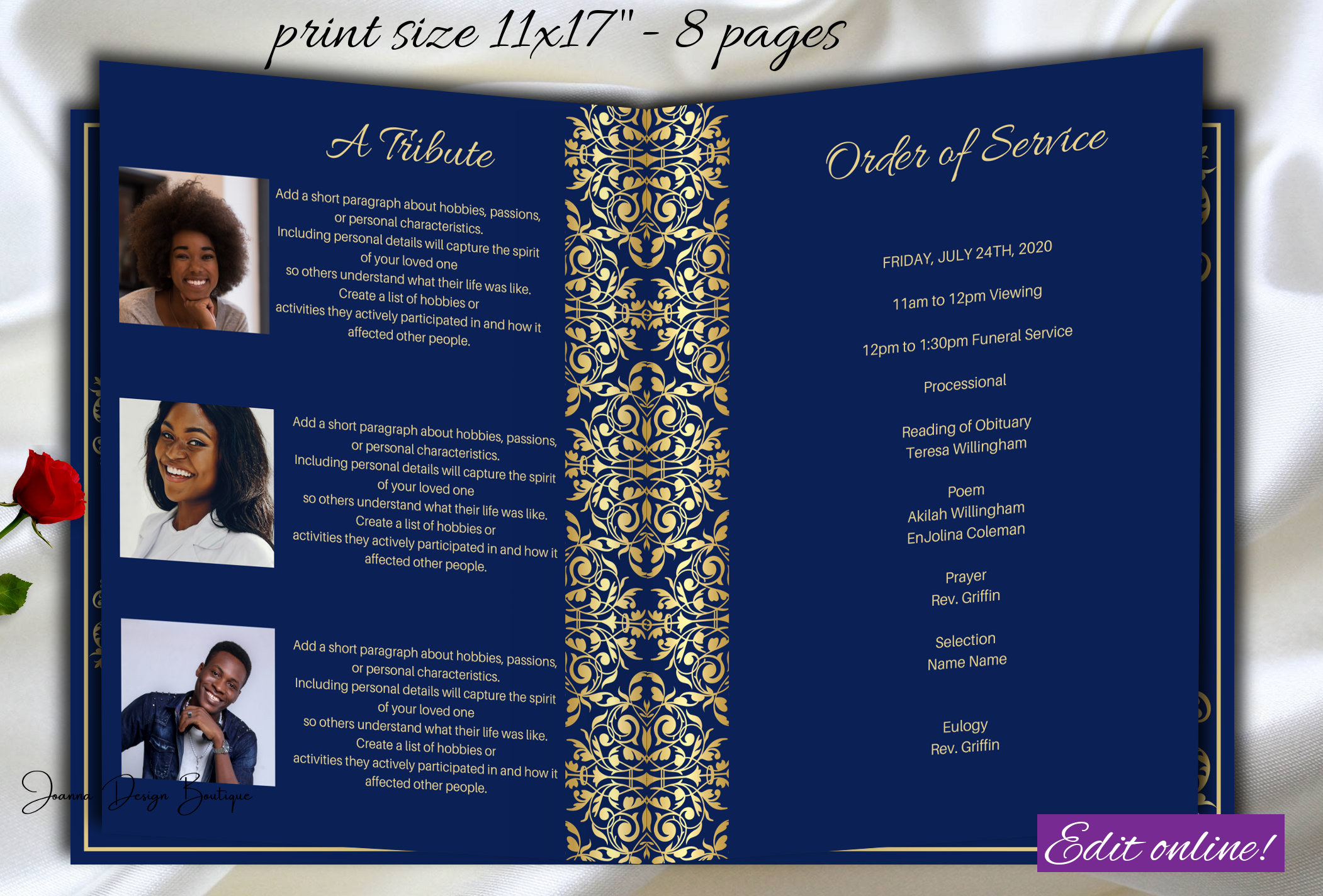 Blue Gold Obituary Funeral Program Template 11x17 8 - Etsy