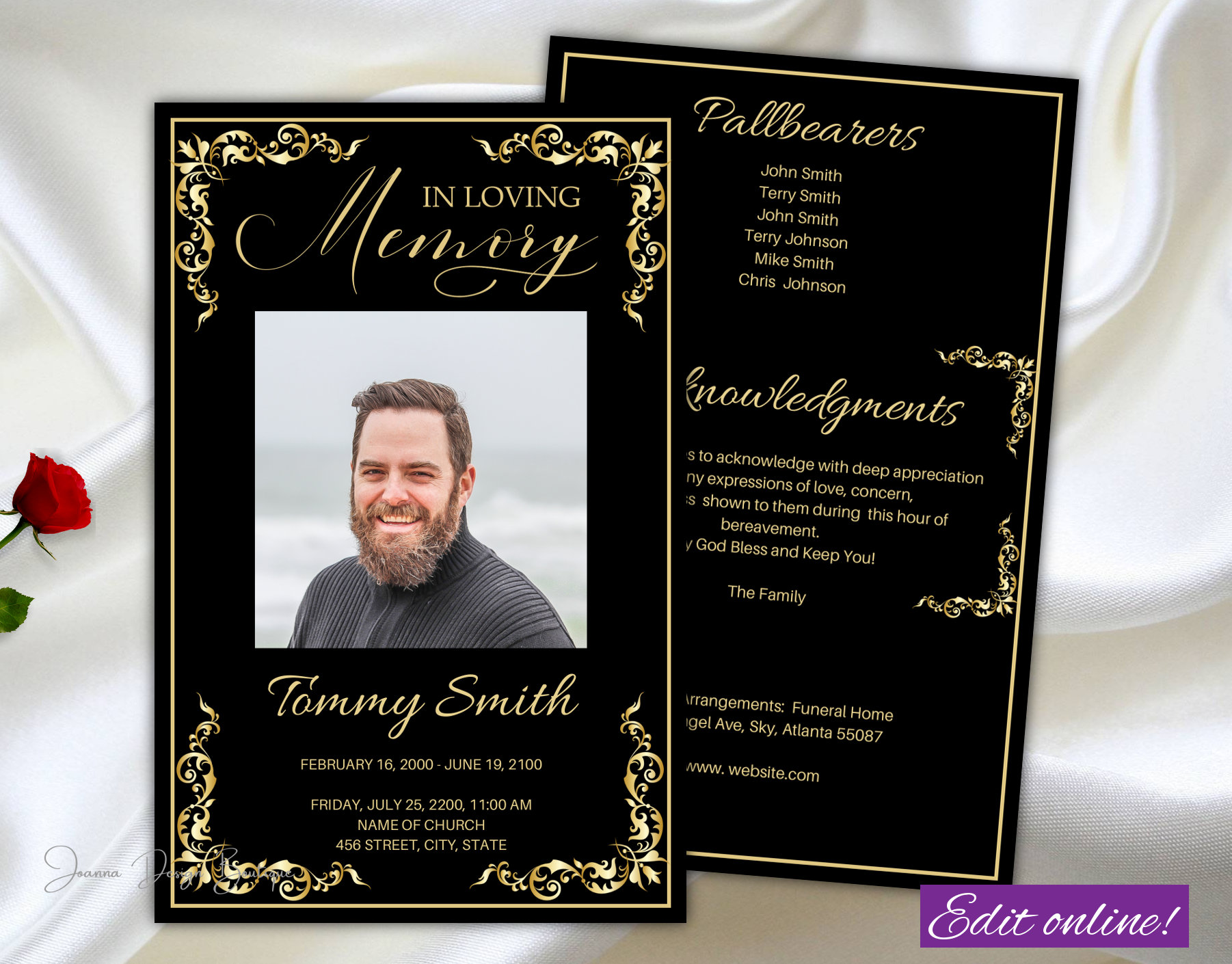 Black Gold Obituary Funeral Program Template Luxury Funeral - Etsy