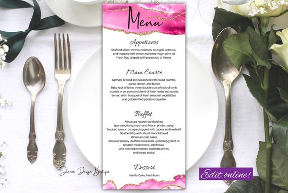 Pink Gold Menu Card Template Pink Gold Glitter Wedding Menu - Etsy